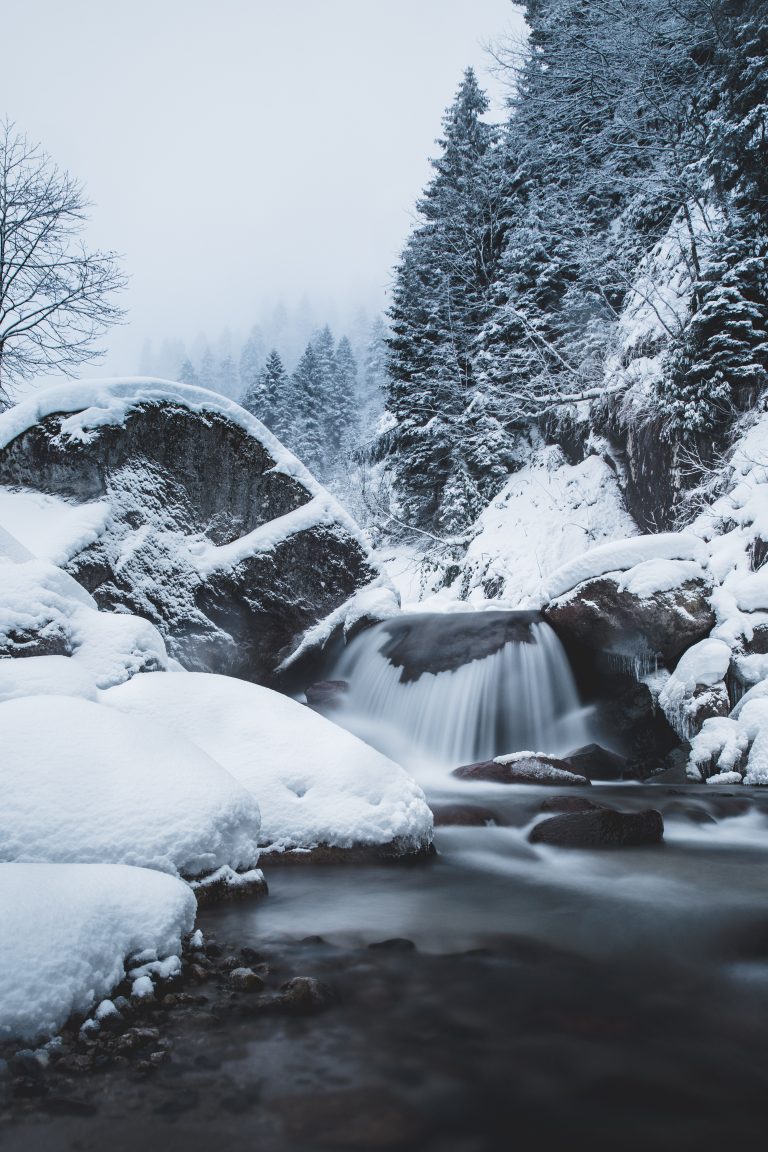 Photo of a waterfall in a snowy forest | Pixeor – Large Collection of ...